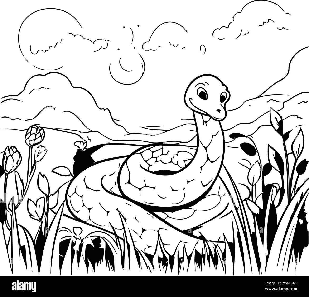 snake in the grass. black and white vector illustration for coloring ...