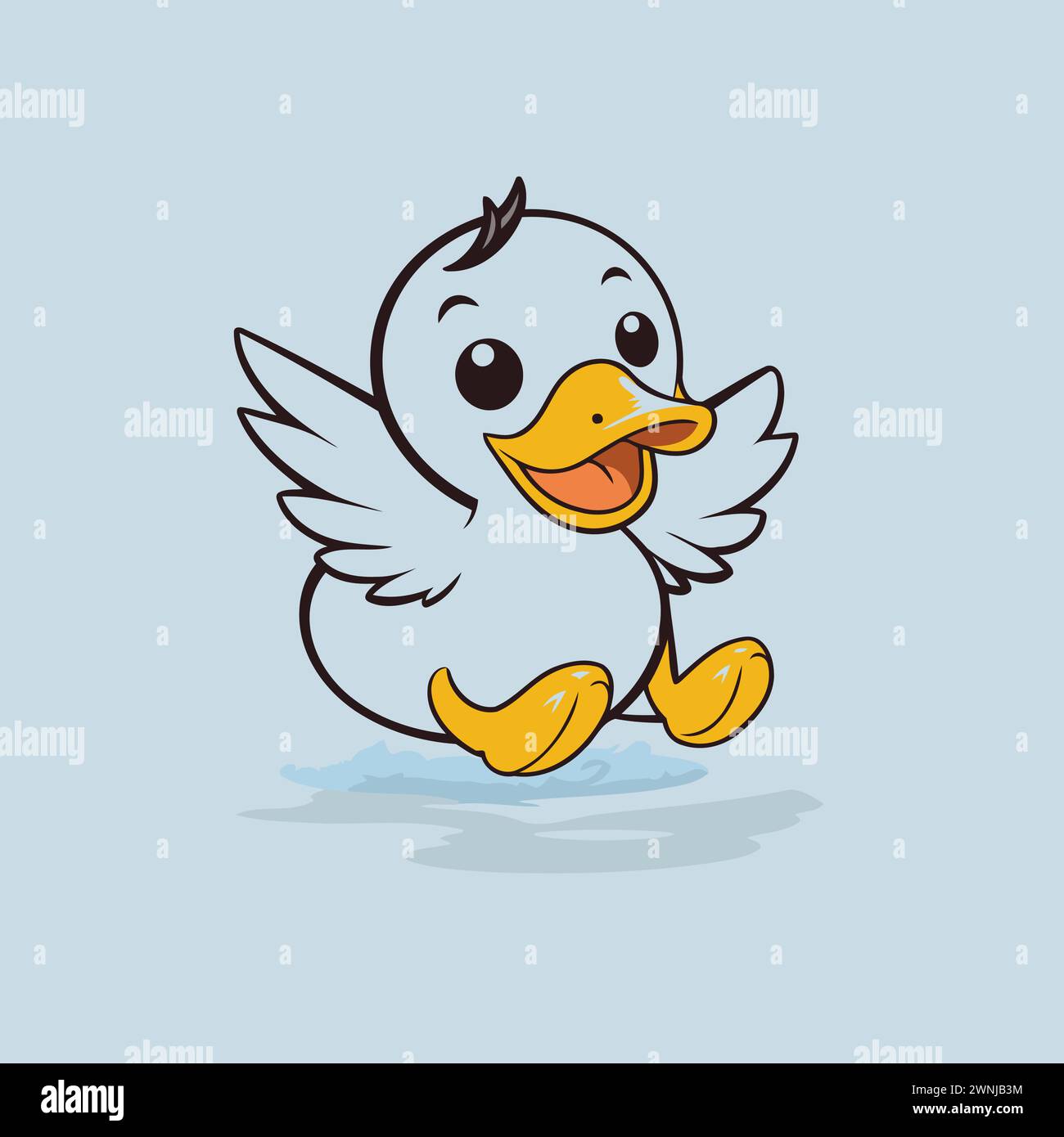 Illustration of a cute duck running on a blue background. Vector ...