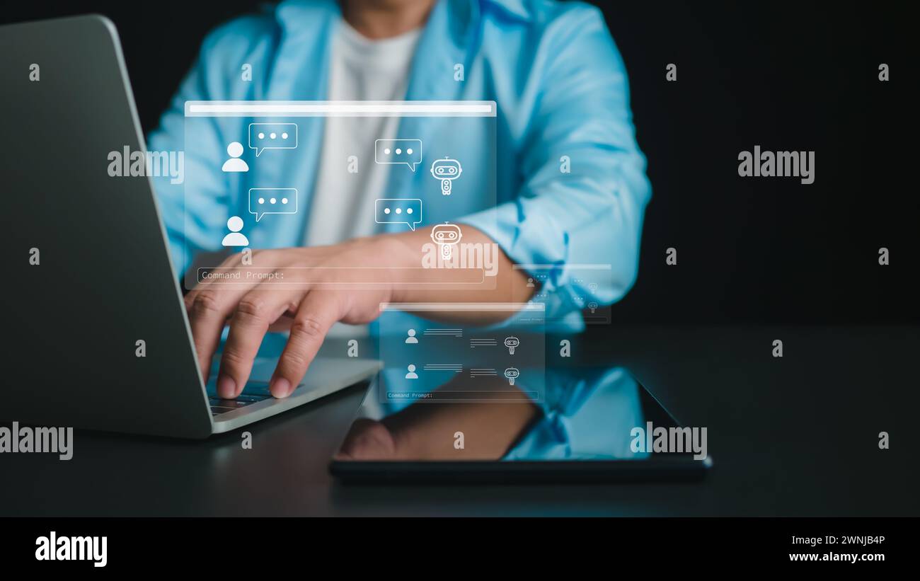 Businessman chatting with a smart AI using an artificial intelligence chatbot developed by ...