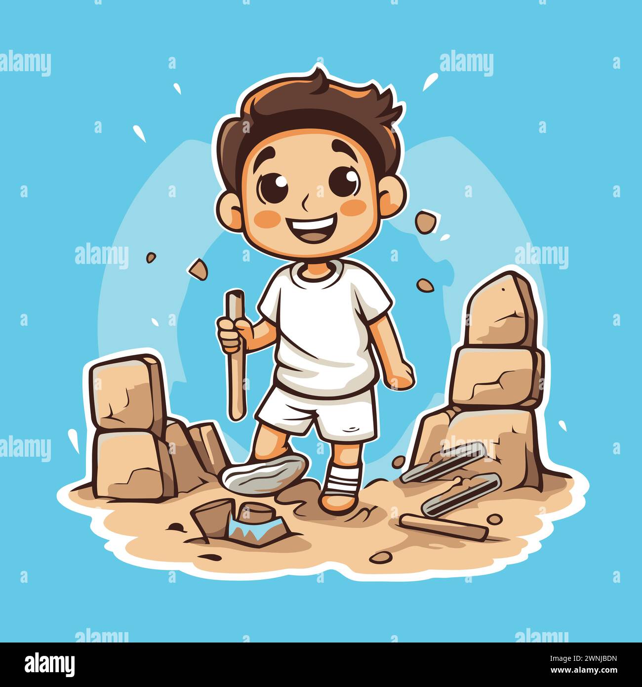 Vector illustration of a boy building a sand castle. Cartoon style ...
