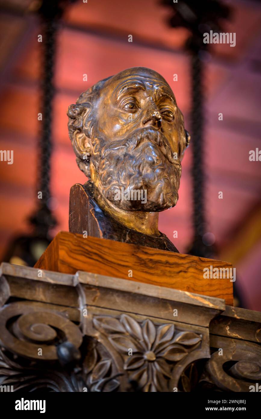 Bust sculpture of Eusebi Güell inside the Güell Palace, a work designed ...