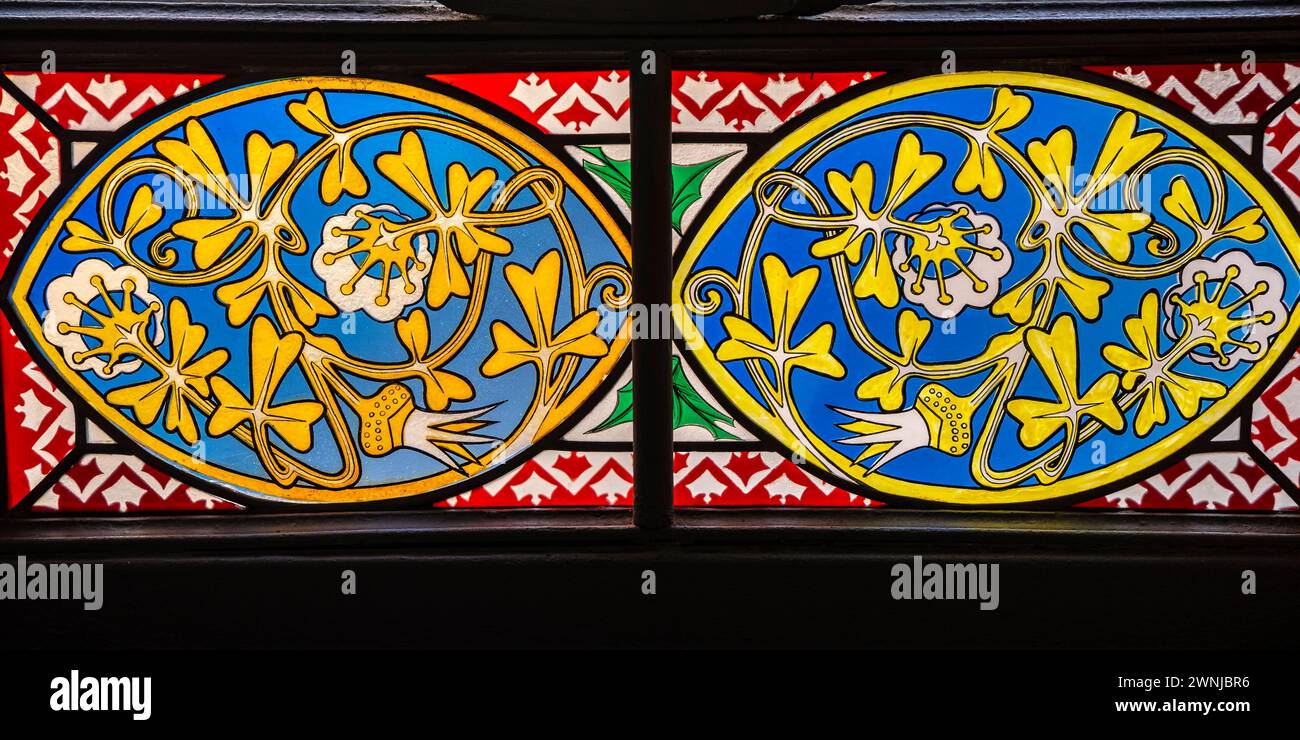 Stained glass windows with plant and animal motifs in the Palau Güell ...