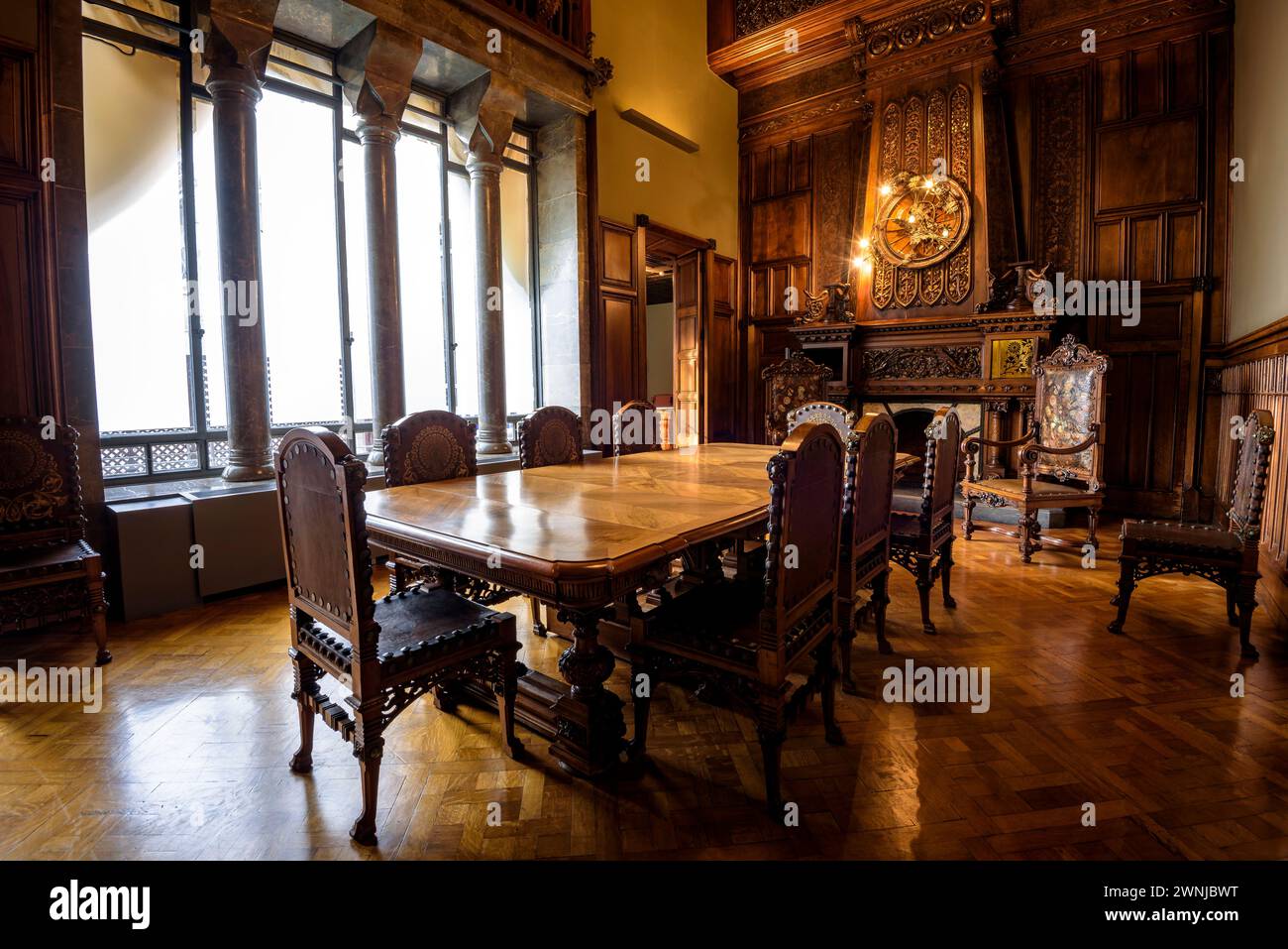 Private dining room of the Güell family in the Palau Güell palace, a ...