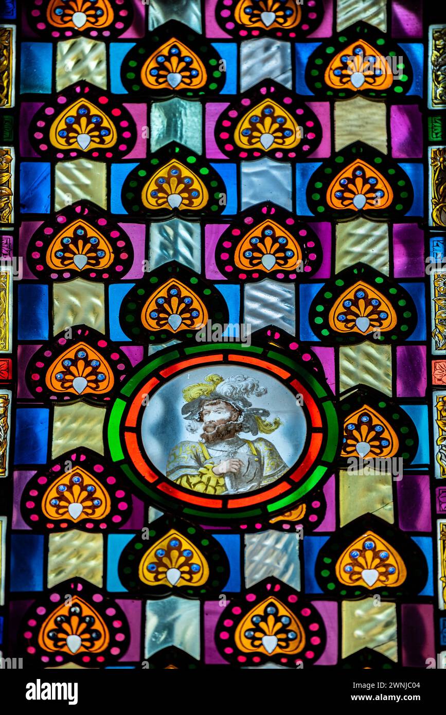 Stained glass windows inside the Palau Güell palace, a building ...