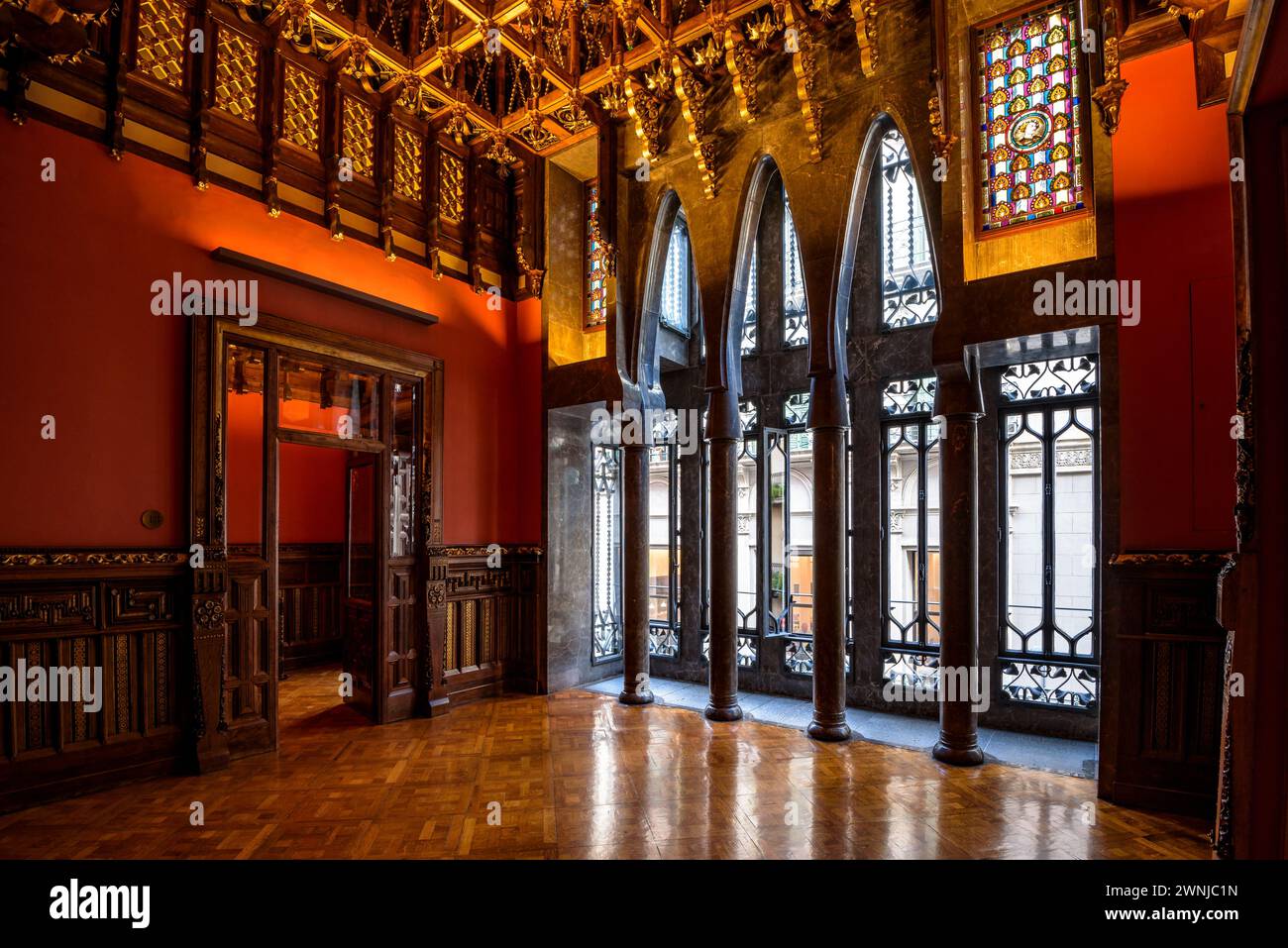 Visiting room of the Palau Güell palace, with a spectacular wooden ...