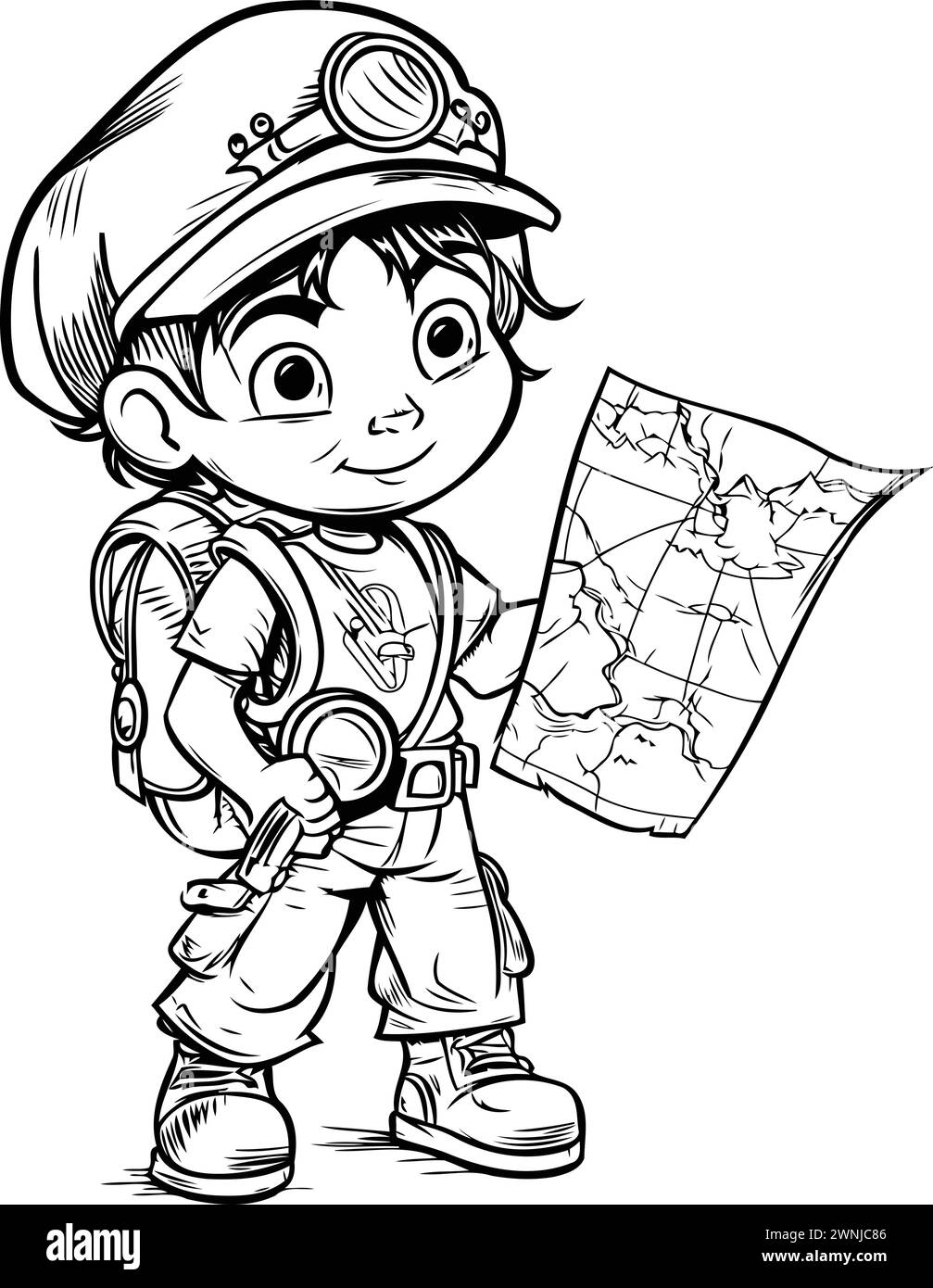Vector illustration of a boy explorer with map on a white background ...