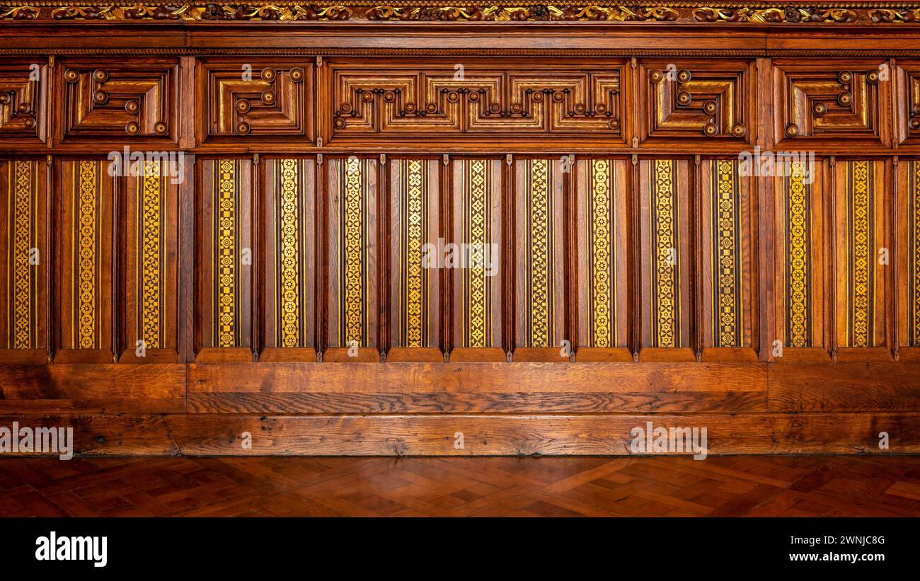 Wooden details in the visiting room of the Palau Güell palace, a work ...