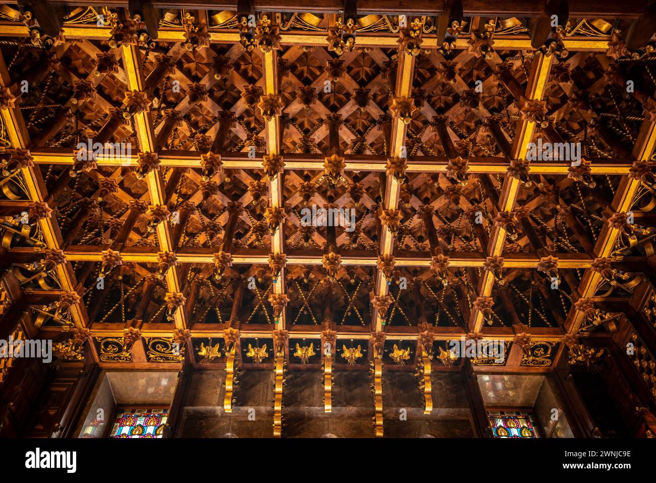 Wooden details on ceiling of the visiting room of the Palau Güell ...