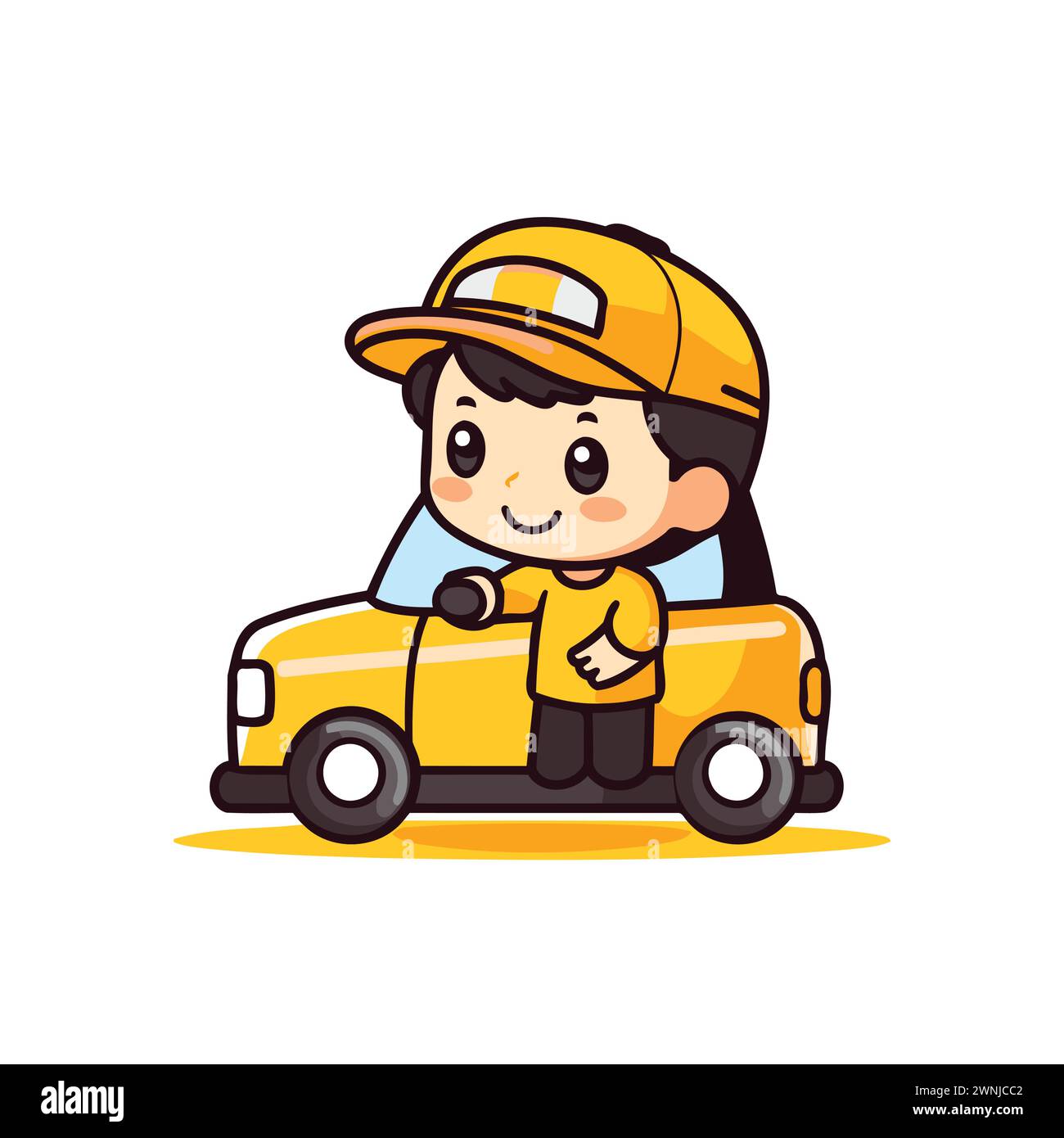 Cartoon boy driving a toy car. Vector illustration on white background ...
