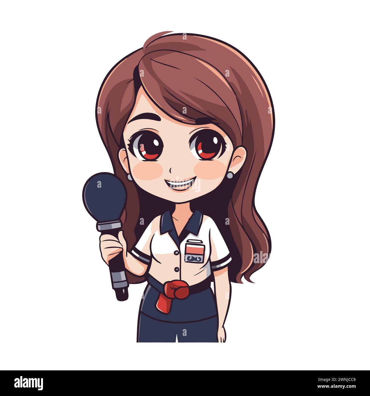 cute girl reporter with microphone cartoon icon over white background ...