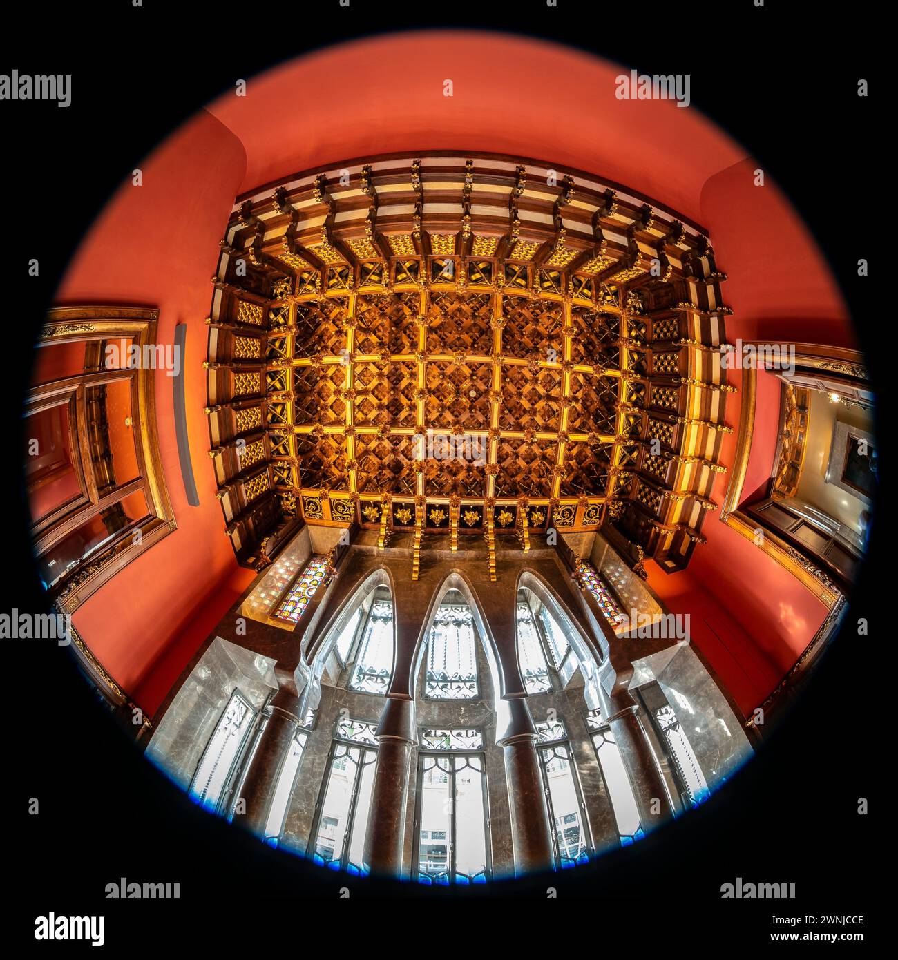 Visiting room of the Palau Güell palace, with a spectacular wooden ...