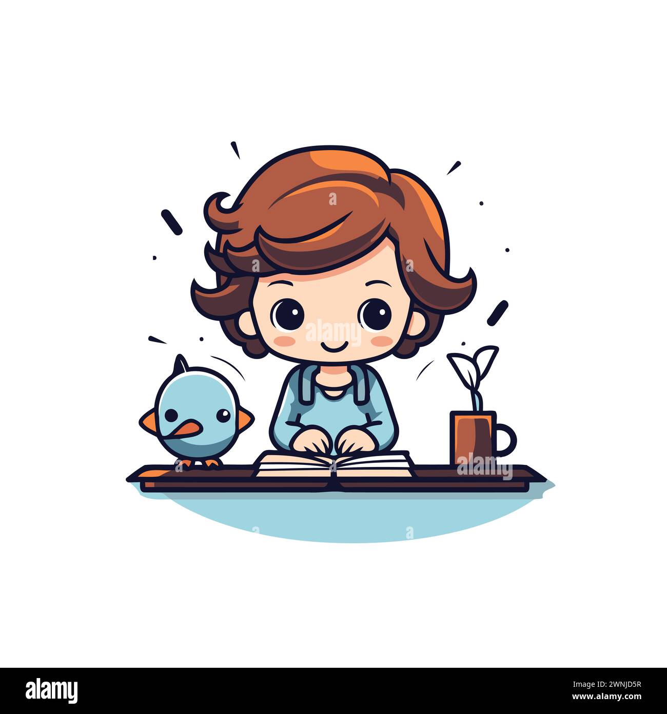 Cute little boy reading a book. Vector illustration on white background ...