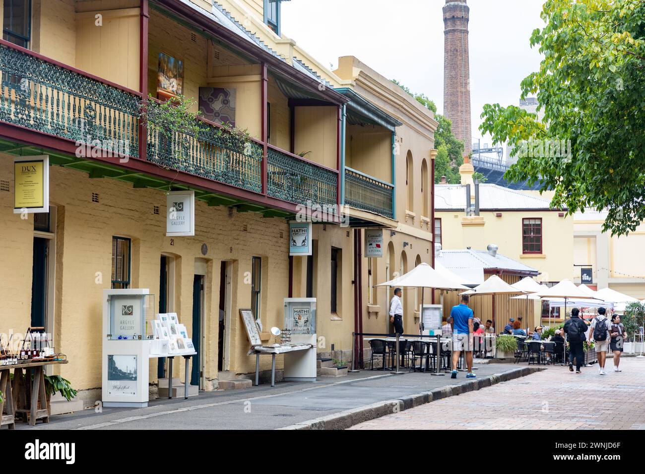 The Rocks historic area of Sydney, small shops and stores along ...