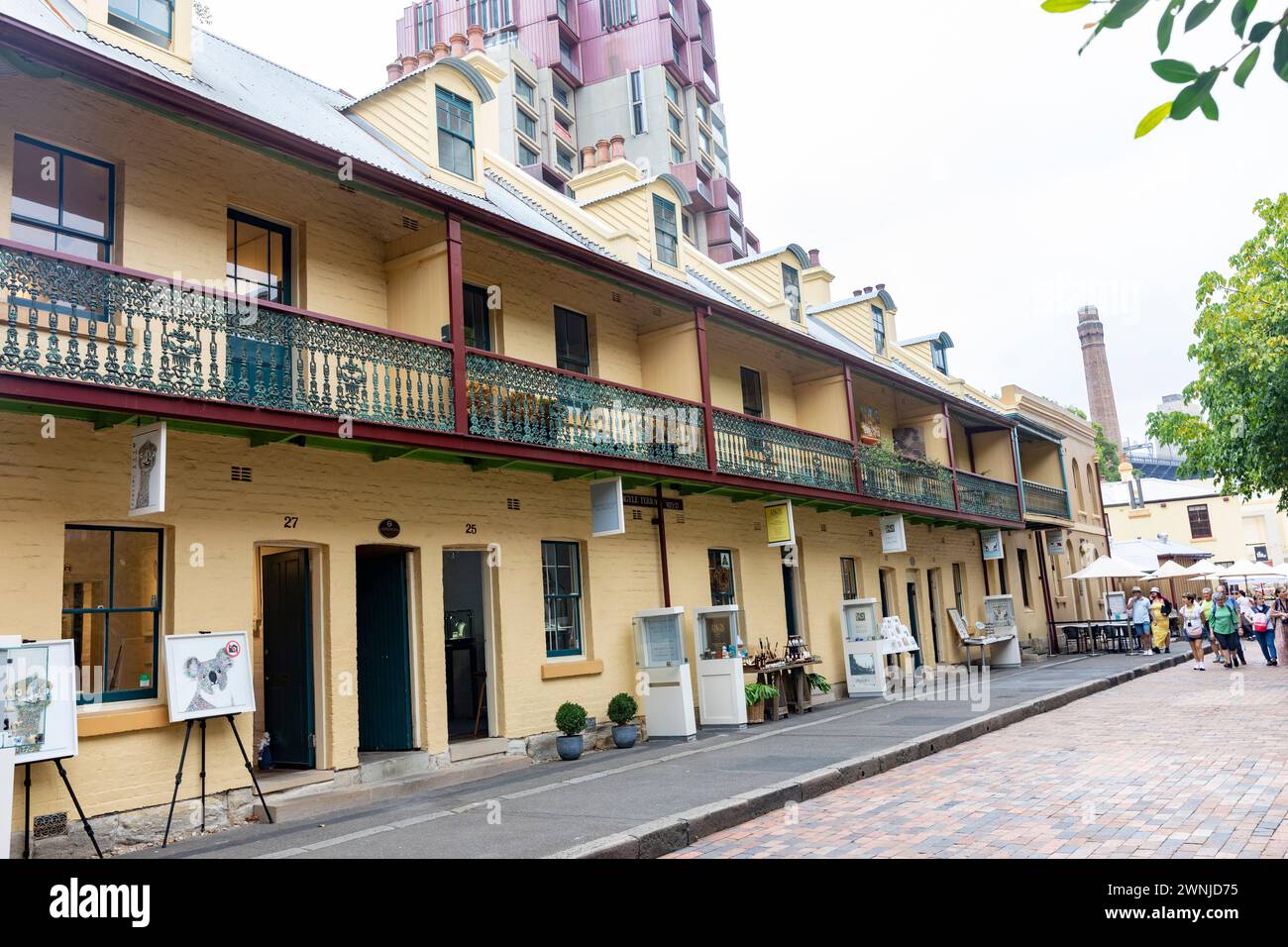 The Rocks historic area of Sydney, small shops and stores along ...