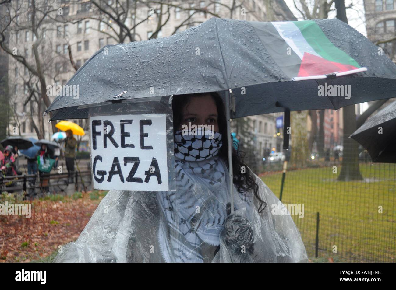 A pro-Palestine demonstrator holds an umbrella with a placard that says ...