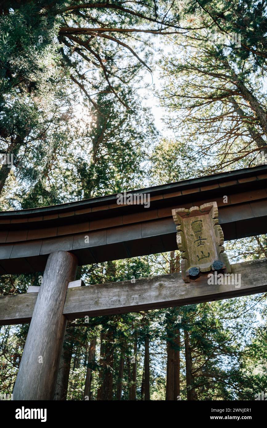 Fujiyoshida Kitaguchi Hongu Fuji Sengen Shrine Torii gate with green ...