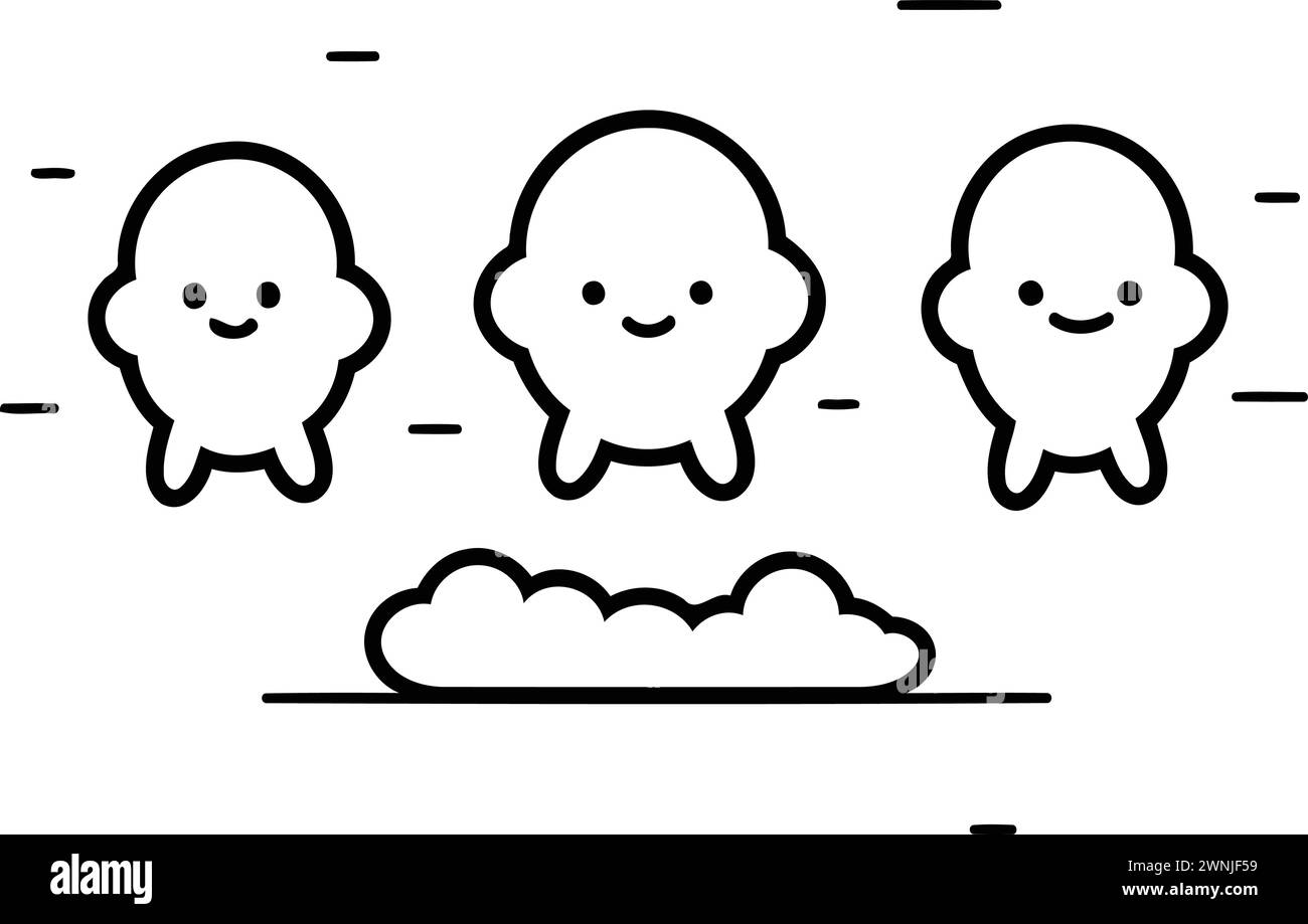 cute kawaii ghosts in clouds line style icon vector illustration design ...