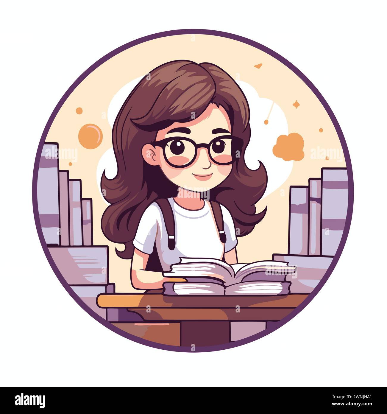 Girl reading a book at the table. Vector illustration in cartoon style ...