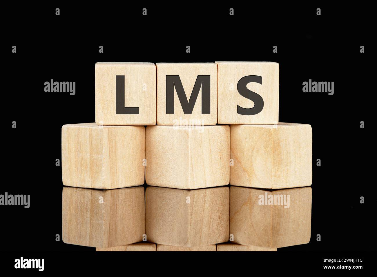 LMS (Learning Management System) on wooden cubes on a glossy black ...