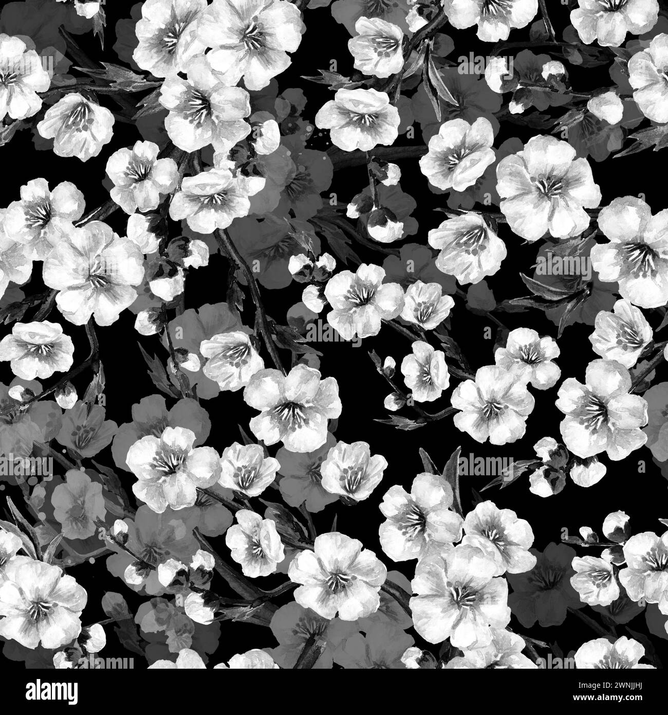 Spring blooming flowers. Hand drawn watercolor monochrome seamless ...