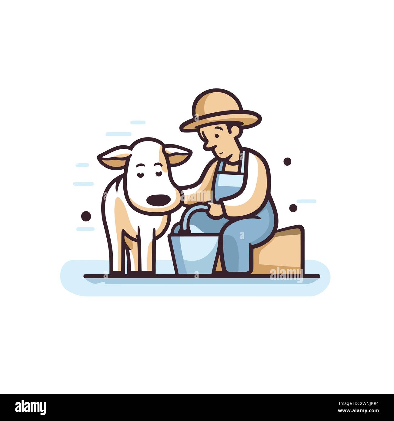 Farmer watering a cow. Vector illustration in thin line style Stock ...