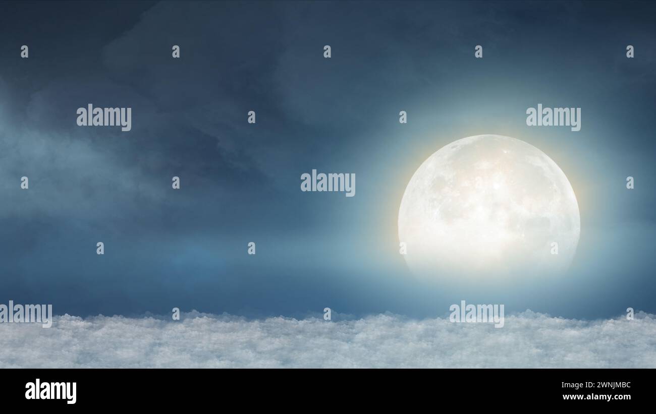 Beautiful realistic flight over cumulus lush clouds in the night ...