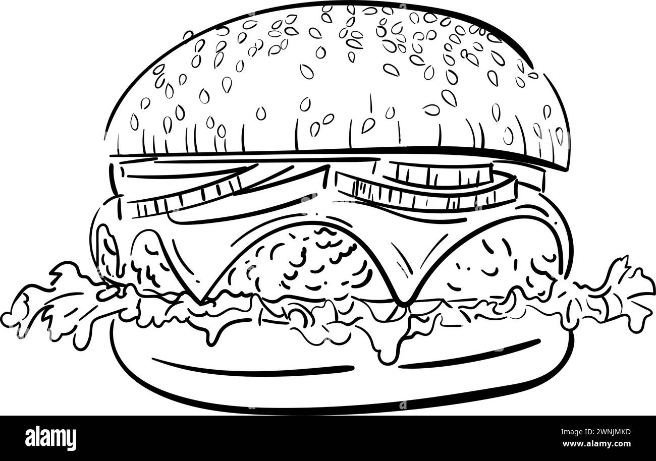 Tasty hamburger hand drawn with contour lines on white background ...