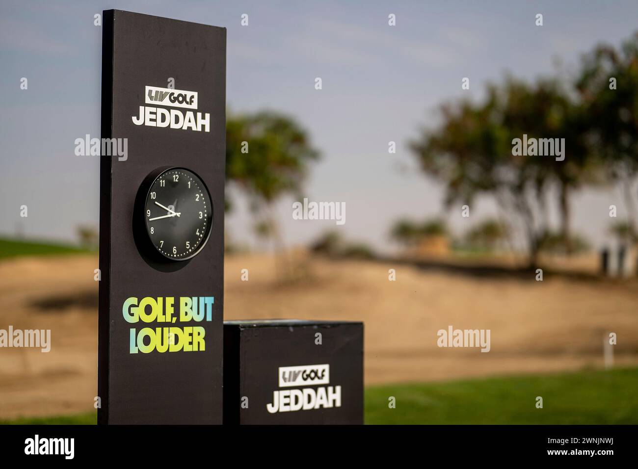A general view of LIV Golf signage on the driving range before the ...