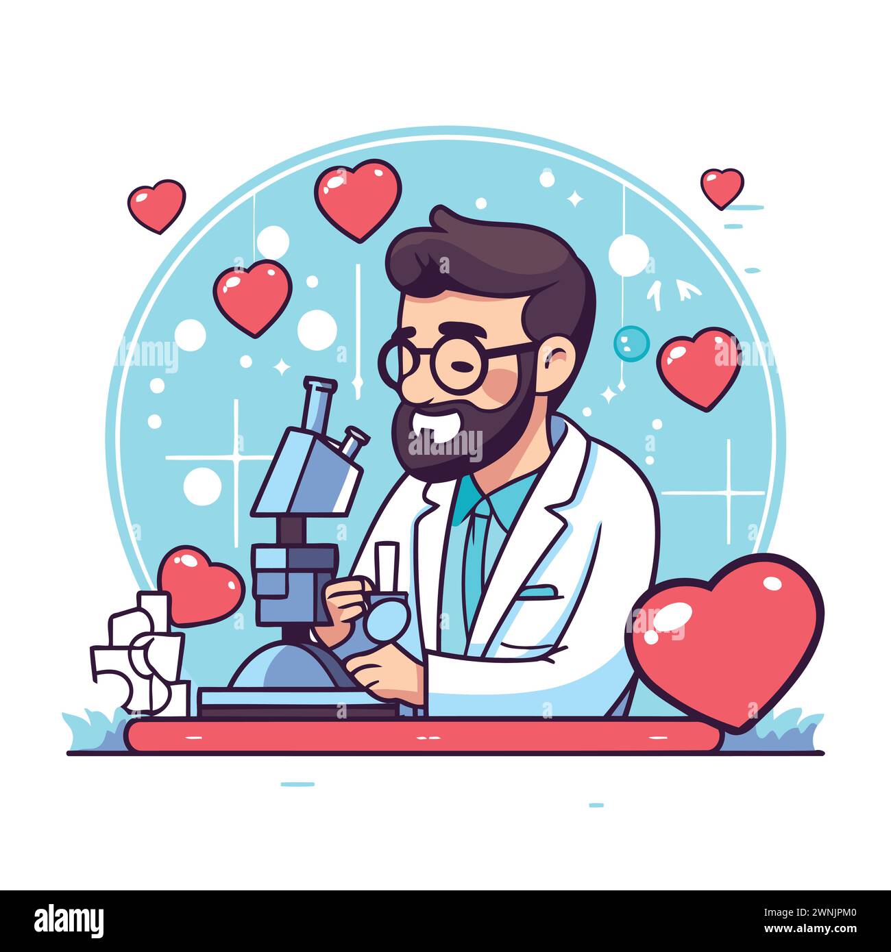 Vector cartoon illustration of male scientist with microscope and heart ...