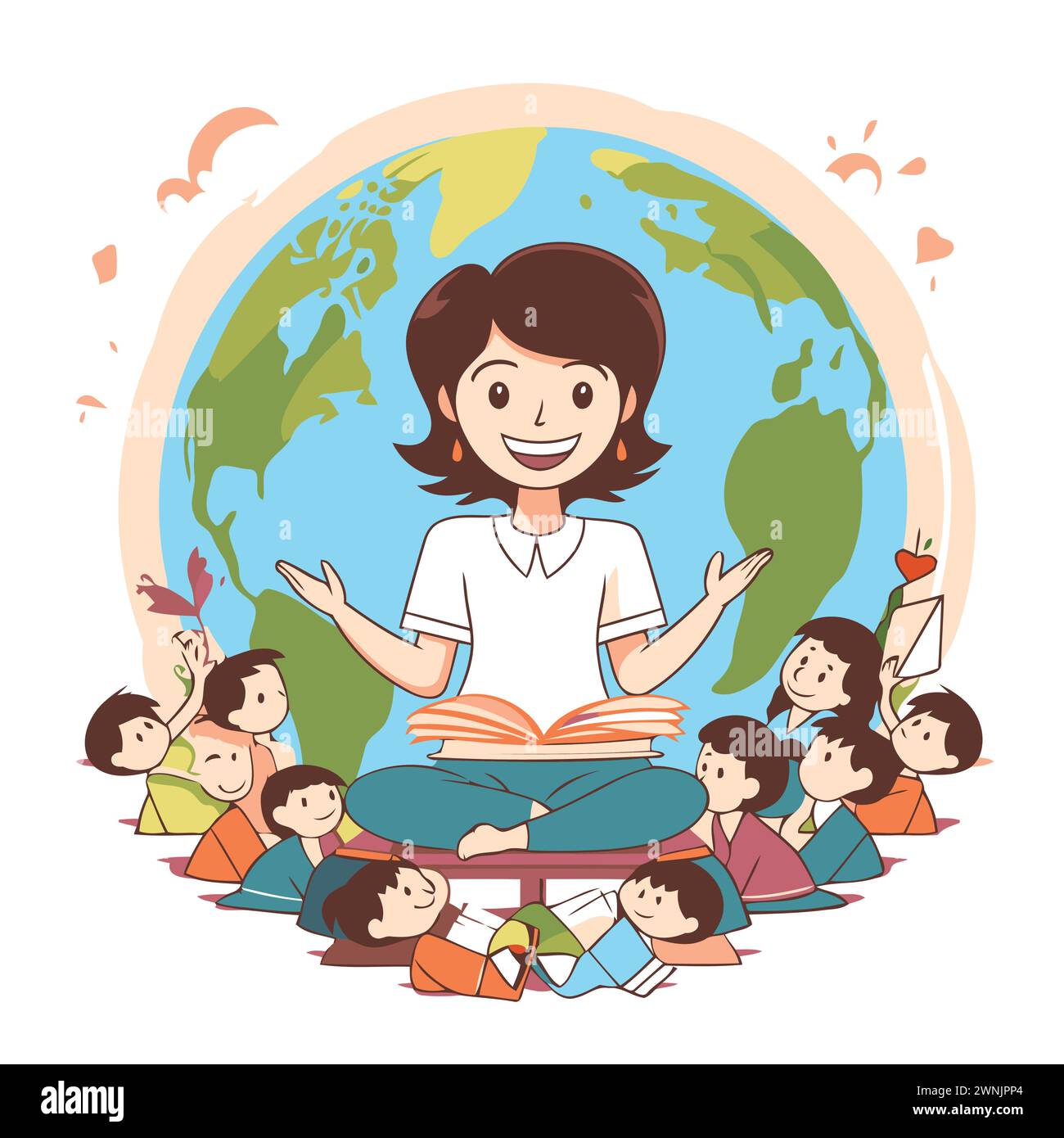 Cartoon illustration of a teacher sitting in lotus position with kids ...