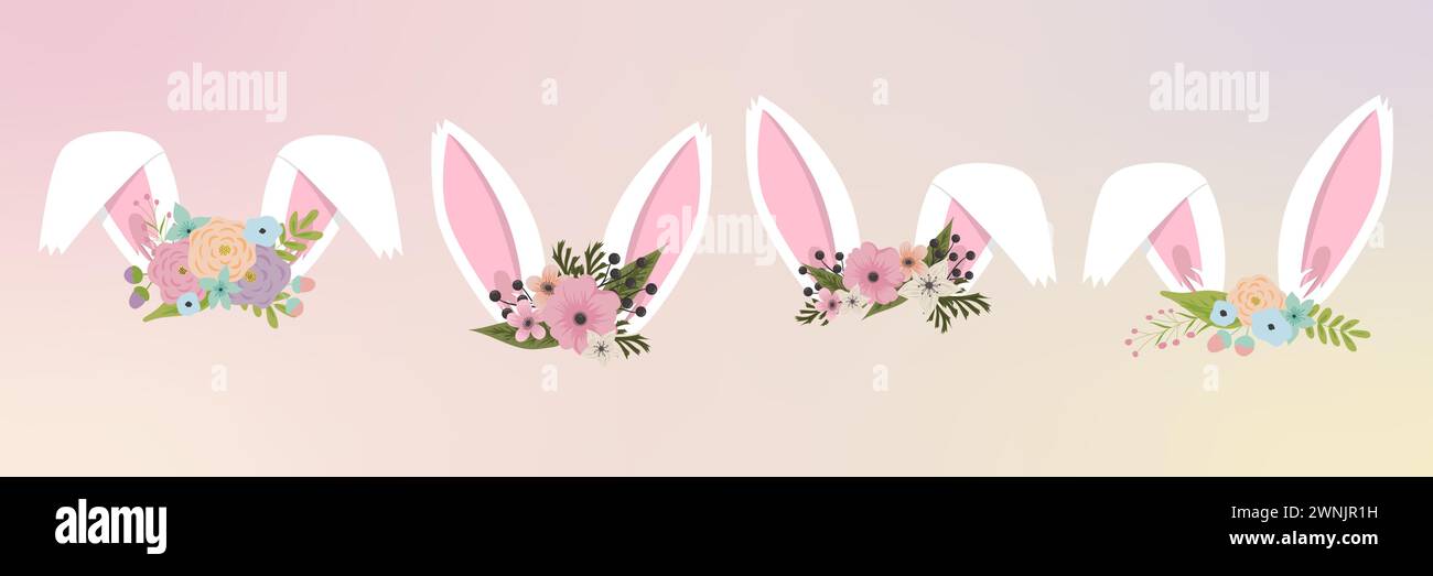 Bunny face elements set cartoon flat design ears vector illustration ...