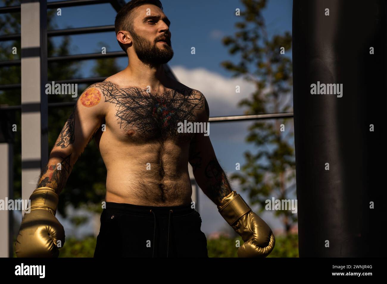 a man trains in boxing gloves on the street Stock Photo - Alamy