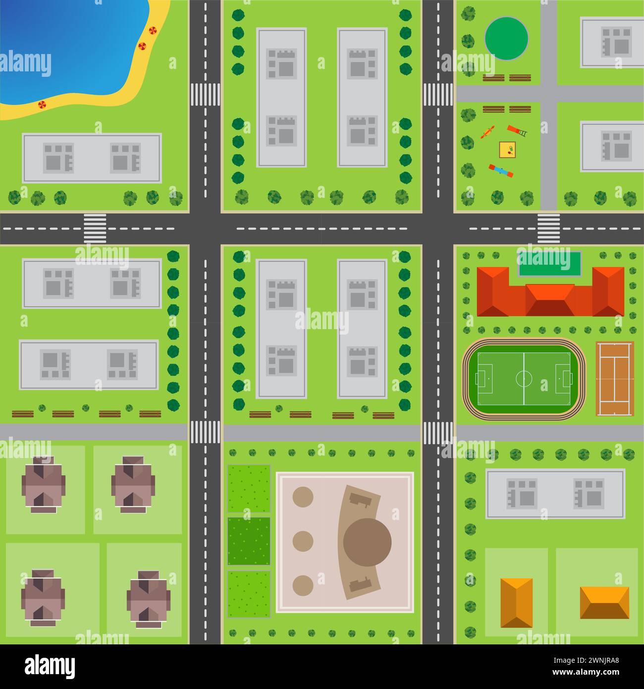 Plan Of City. Top view of the city with the road, crossroad, high-rise ...