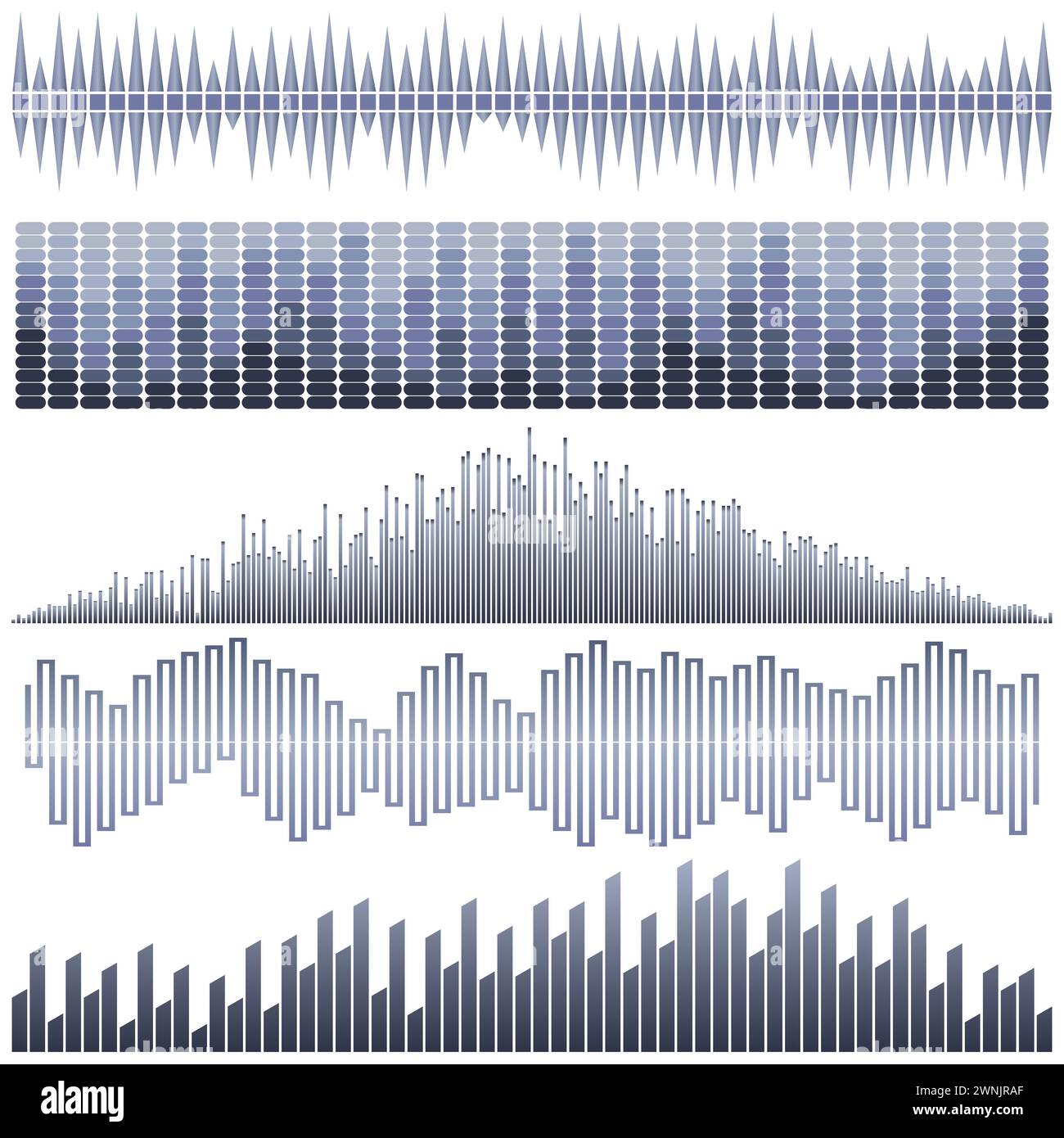 Vector set of dark blue sound waves. Audio equalizer. Sound & audio waves isolated on white ...