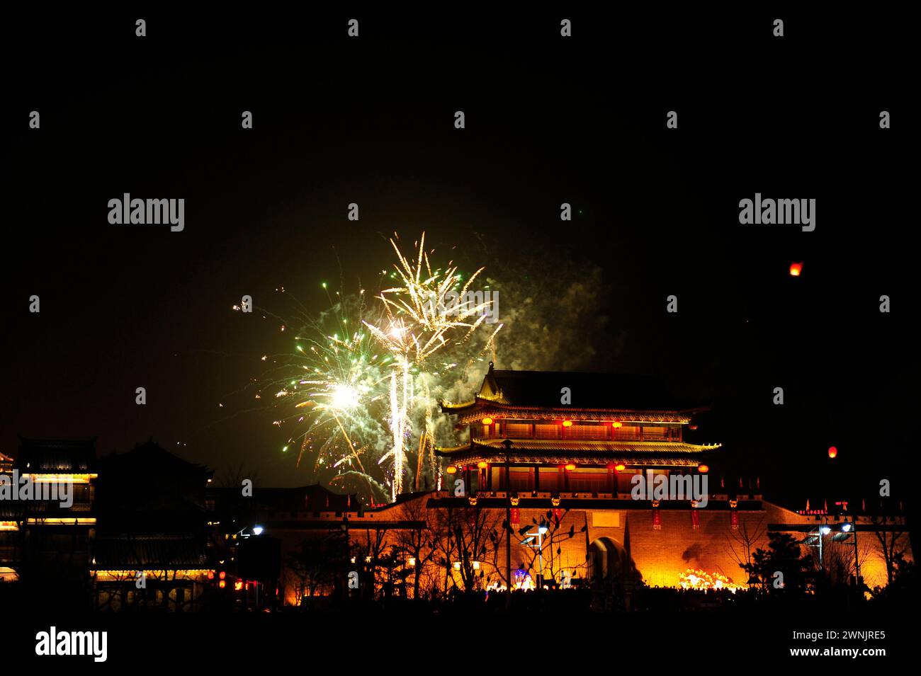 The fireworks in the ancient city of Chinese New Year celebration Stock ...