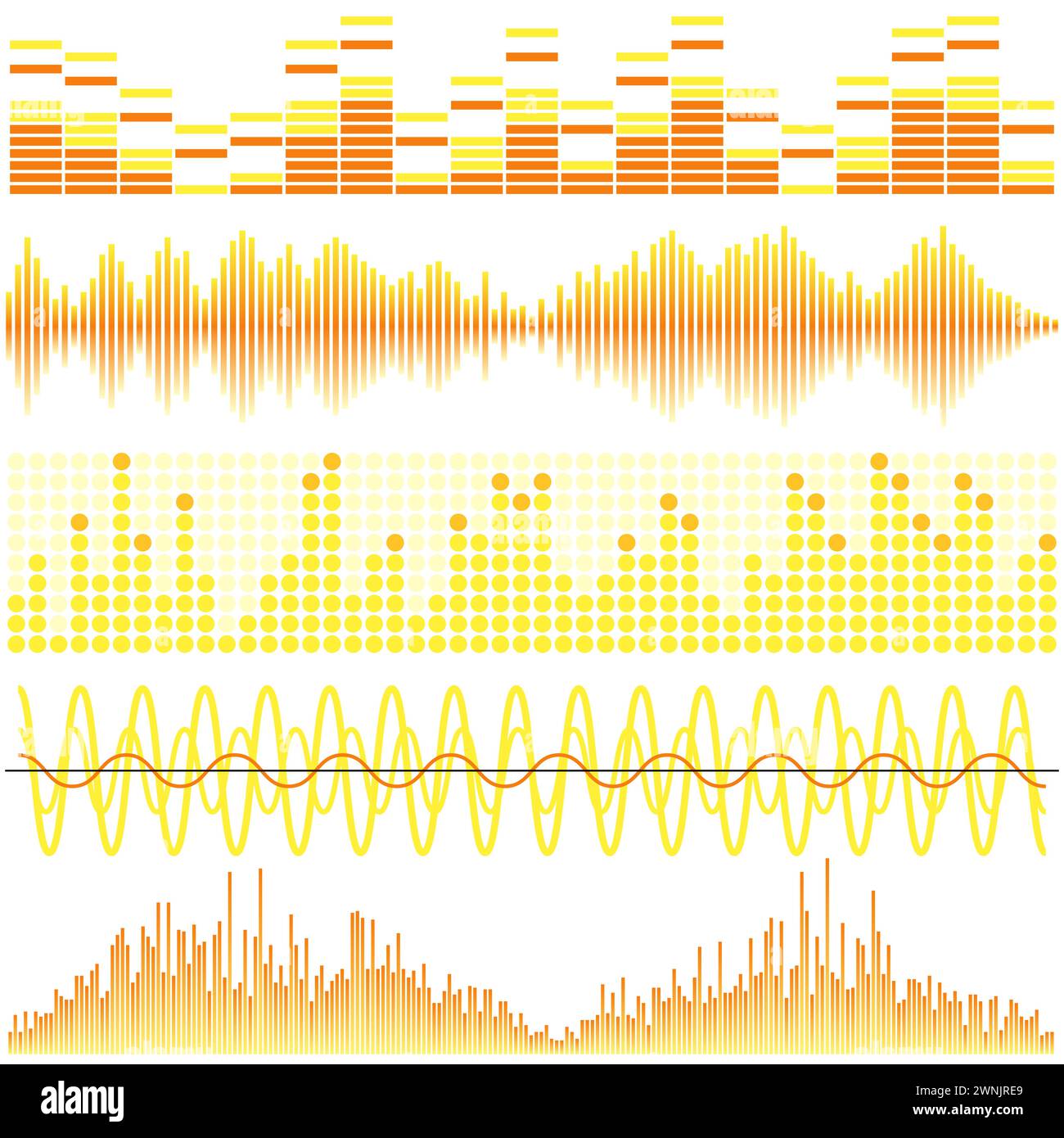 Vector set of yellow sound waves. Audio equalizer. Sound & audio waves isolated on white ...