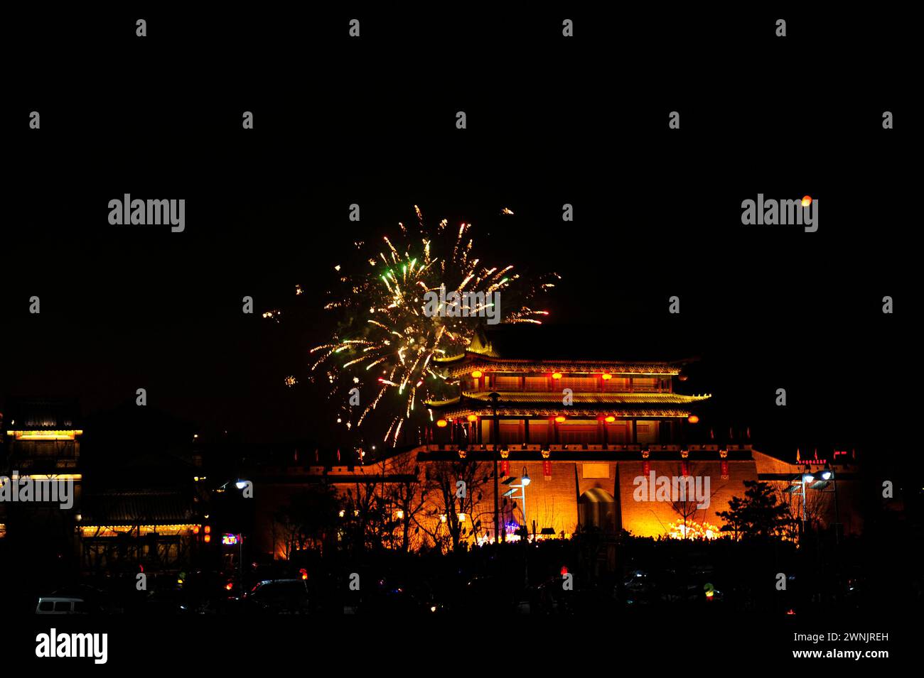 The fireworks in the ancient city of Chinese New Year celebration Stock ...