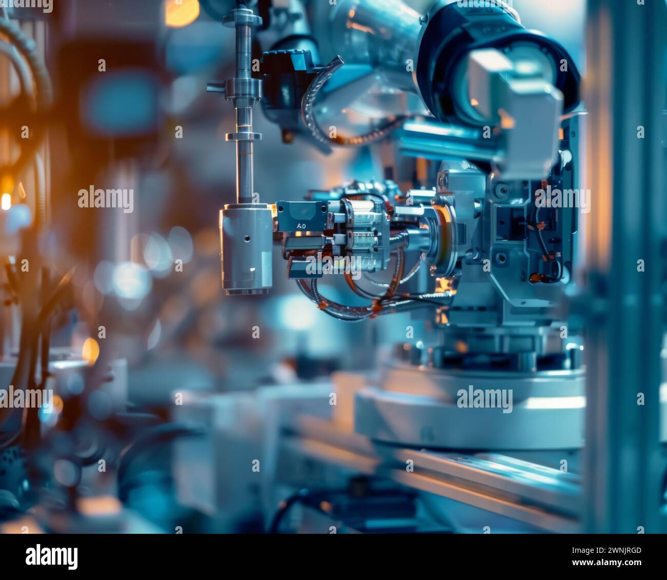 Detailed close-up view of a machine operating within a factory setting ...