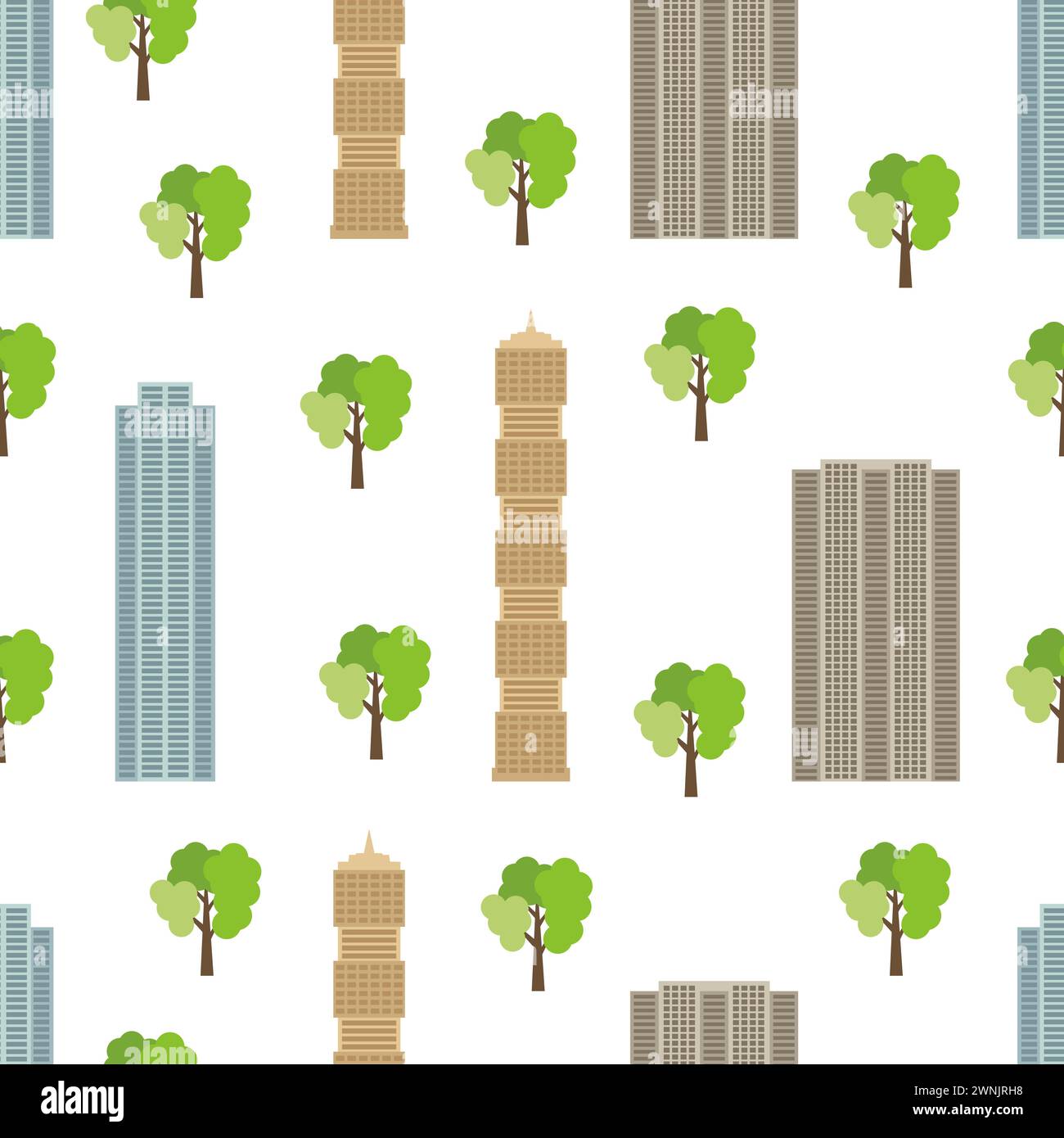 Seamless city background with modern houses and green trees. Vector ...