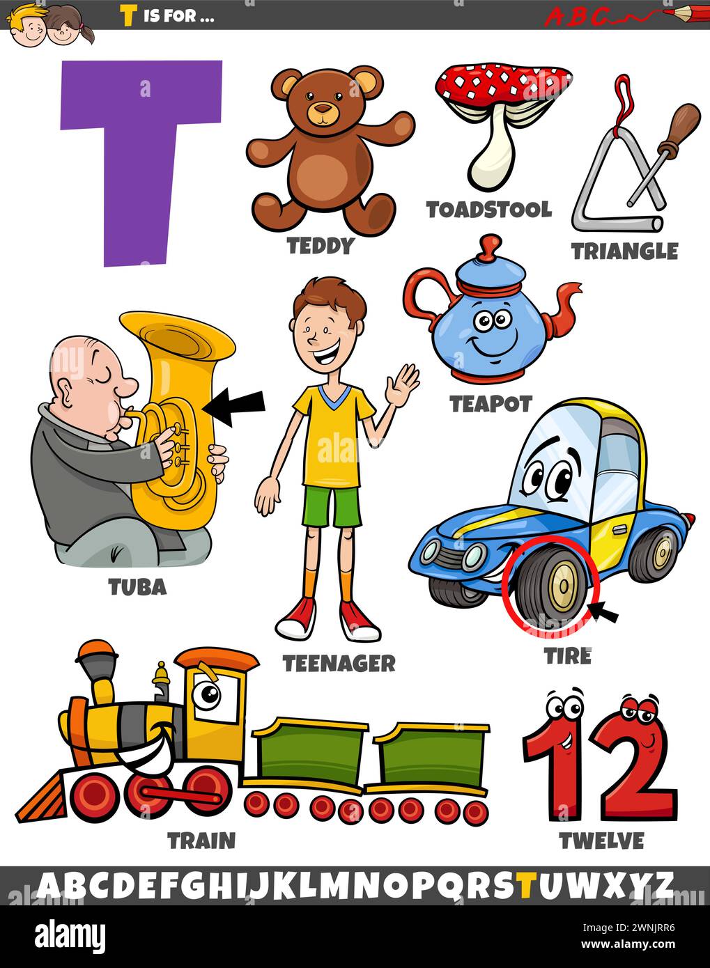 Cartoon illustration of objects and characters set for letter T Stock ...