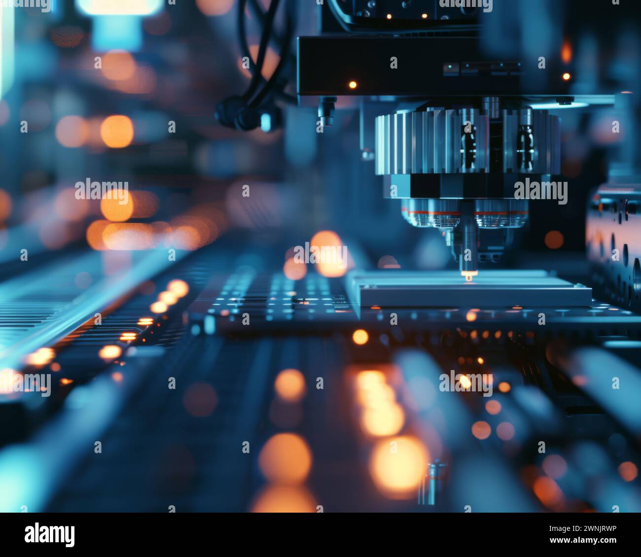 Detailed view of a machine with vibrant lights in the background ...