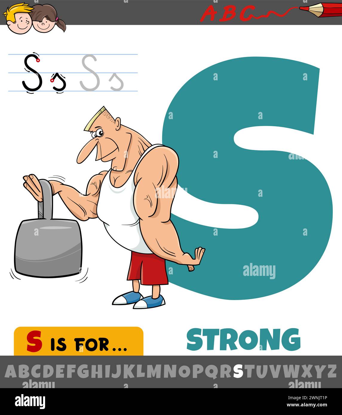 Educational cartoon illustration of letter S from alphabet with strong ...