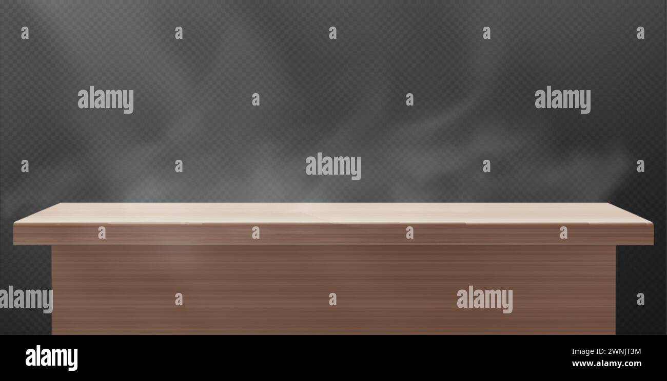 Brown wood 3d table top with steam or smoke on transparent background ...