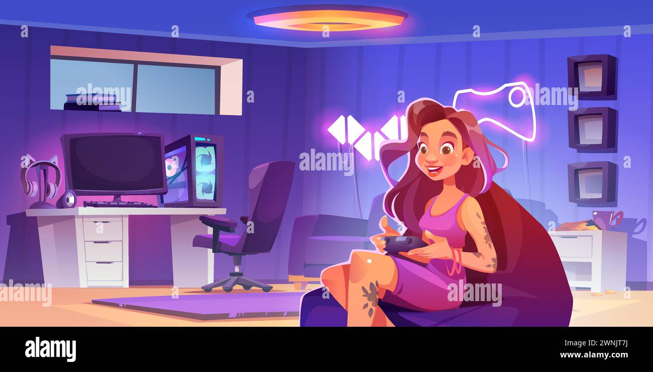 Young woman playing video game on console with gamepad. Cartoon vector ...