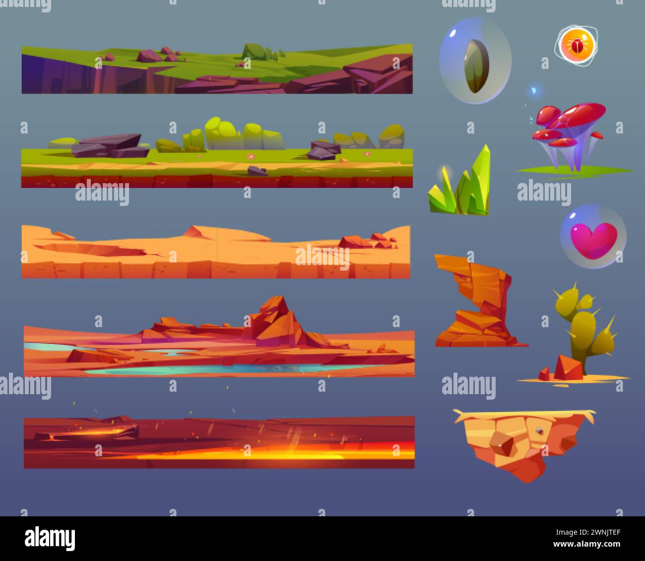 Game ui elements set with floating ground platform with green grass, sandy cracked desert ...