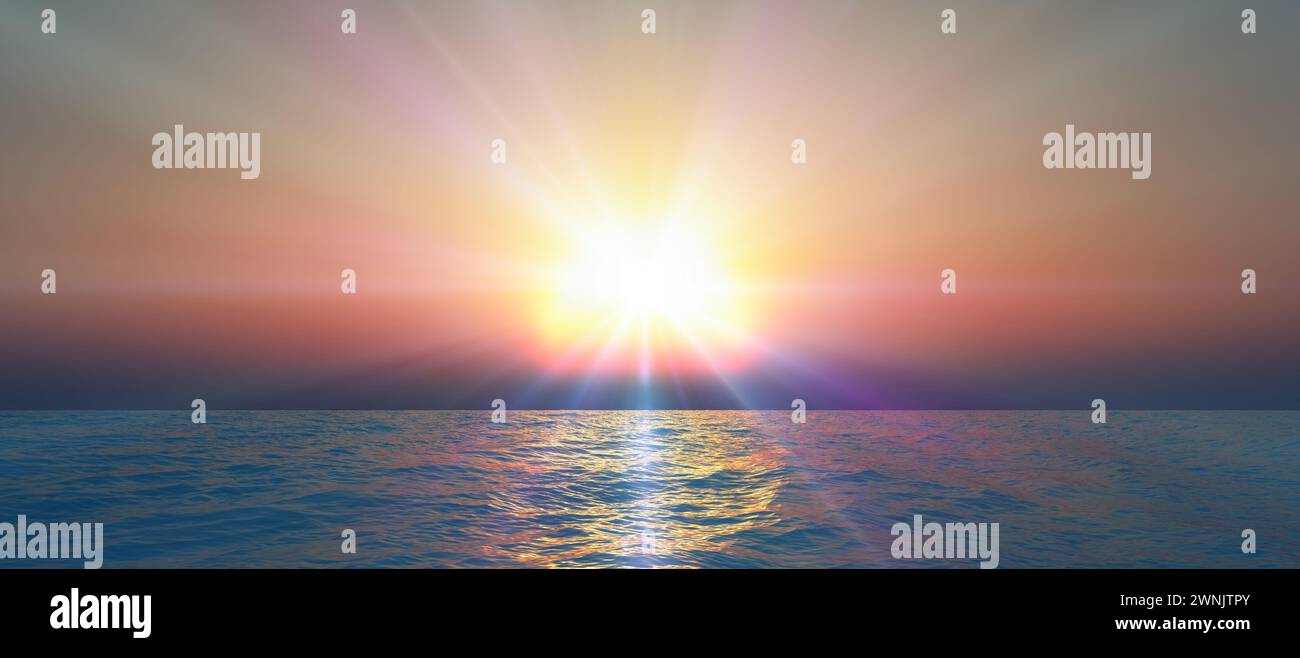 sunset sea sun ray clear sky, 3d rendering illustration Stock Photo - Alamy