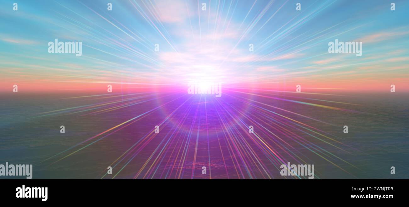sunset sea sun ray clear sky, 3d rendering illustration Stock Photo - Alamy