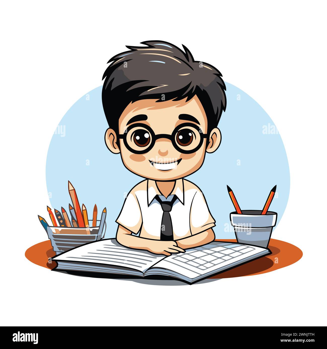 boy student with book and pencils over white background. vector ...