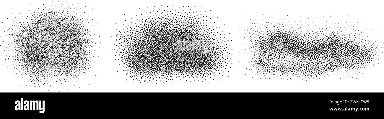 A set of halftone splatter forms forming dark lack stipple grain smoke ...