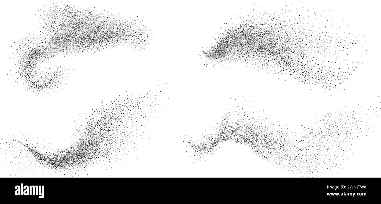 A set of halftone splatter forms forming dark lack stipple grain smoke ...